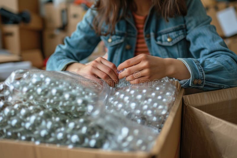 Worker Carefully Packs Fragile Items with Bubble Wrap for Secure ...