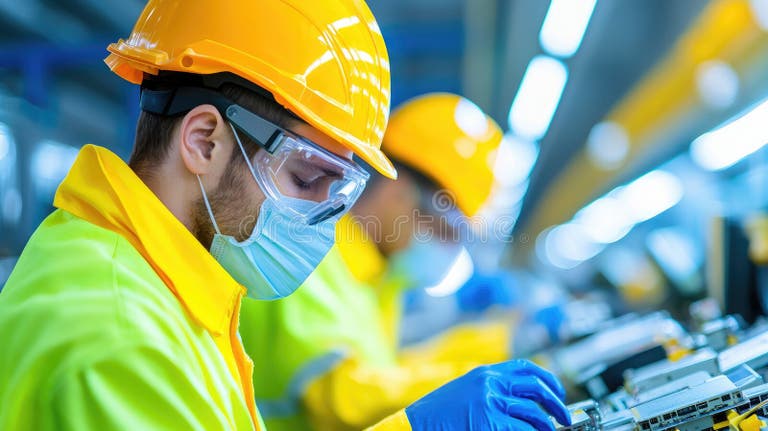 Focused Worker in Protective Gear Assembling Electronics in a Modern ...