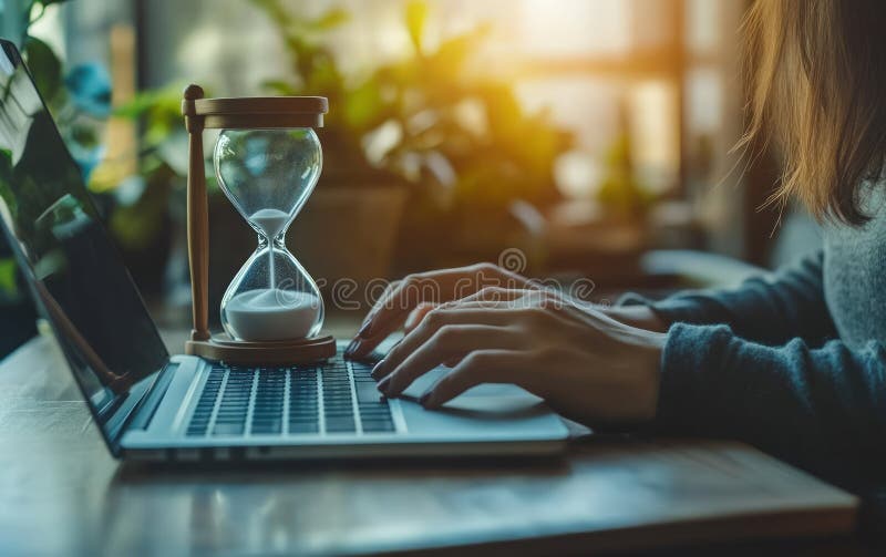 Focused Worker Typing on Laptop with Hourglass Stock Illustration ...
