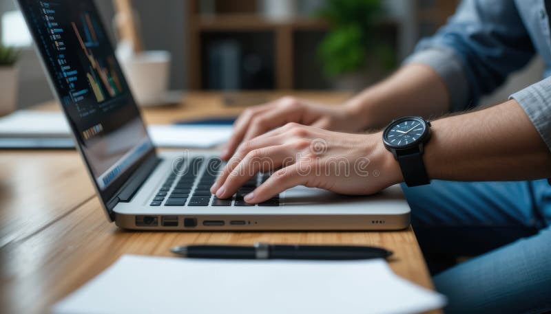 Focused Worker Typing on Laptop at Modern Workspace with Productivity ...