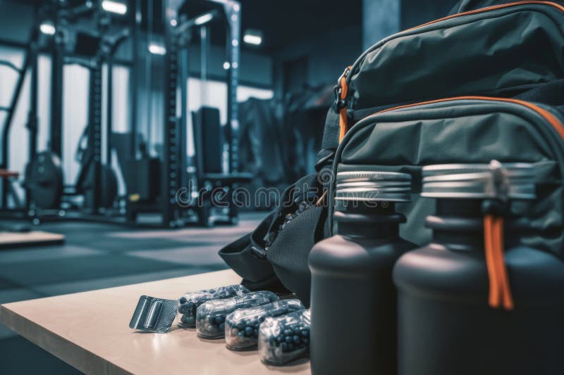 A Focused Workout Preparation Area with Supplements and Gear at a ...