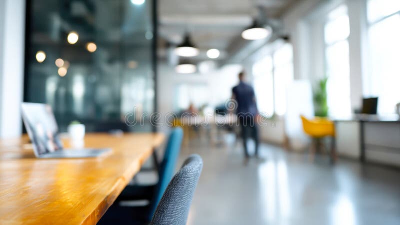 Focused Workspace with Blurred Details and Professionals Engaging in ...