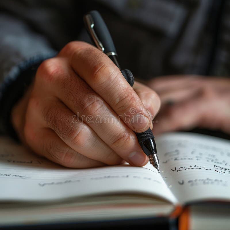Focused Writer Jots Down Important Notes in an Open Notebook with a Pen ...