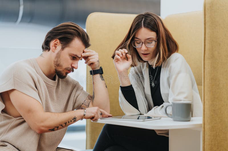 Focused Young Adults Collaborating with Tablet in Modern Workspace ...