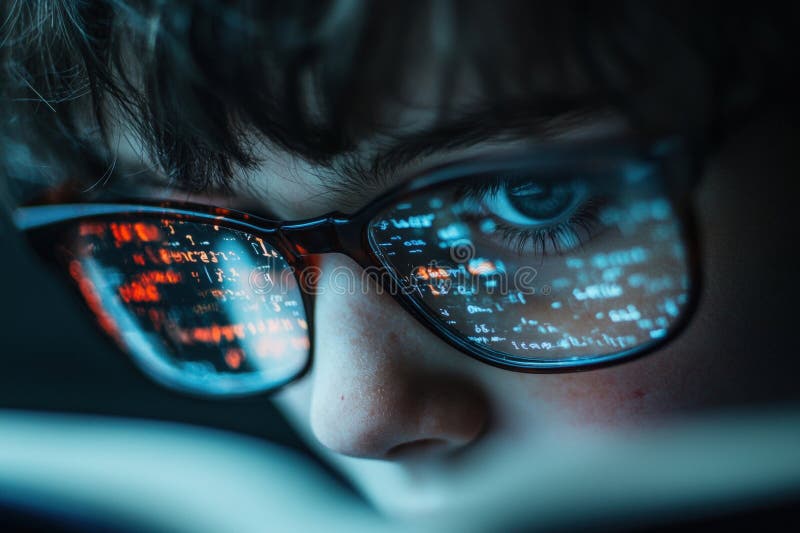 Focused Young Coder Immersed in Digital World with Illuminated Glasses Revealing Data at Night ...
