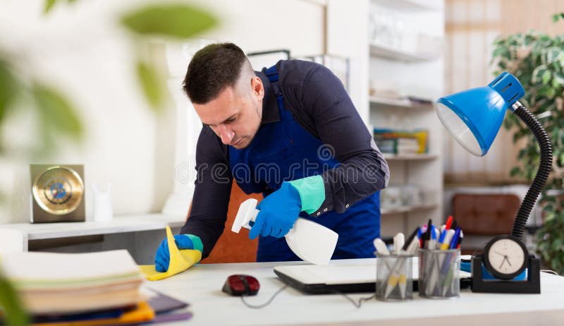 Young Man Cleaner Working at Office Stock Photo - Image of european ...