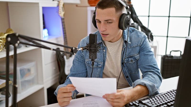 A Focused Young Man with Headphones in a Radio Studio Reading a Script ...