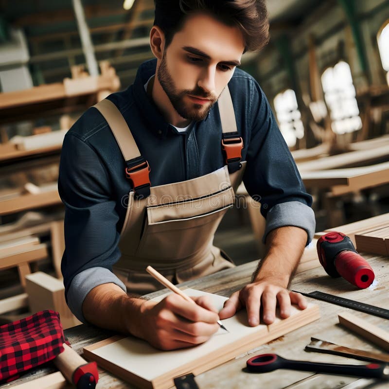 A Young Carpenter Works with Wooden Planks in a Furniture Making ...