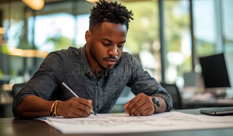 Focused Young Man in a Modern Office Working Intently on a Project ...