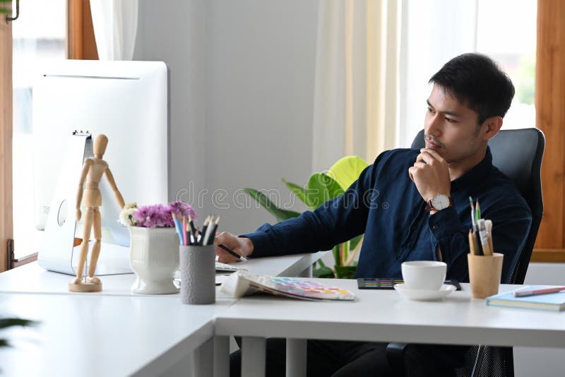 Focused Man Office Worker Reading Information on Modern Computer. Stock ...