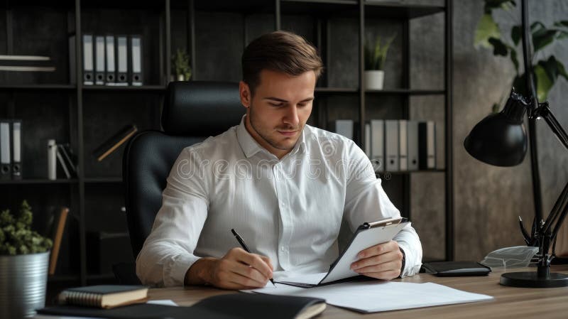 Focused Young Man Taking Notes at Office Desk with Business Documents ...