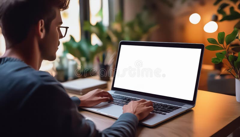 Focused Young Man Working Intensely at White Computer Screen, Framed by ...