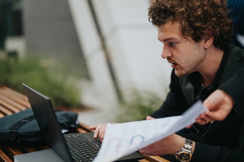 Young Man Working on a Laptop while Reviewing Documents Outdoors Stock ...