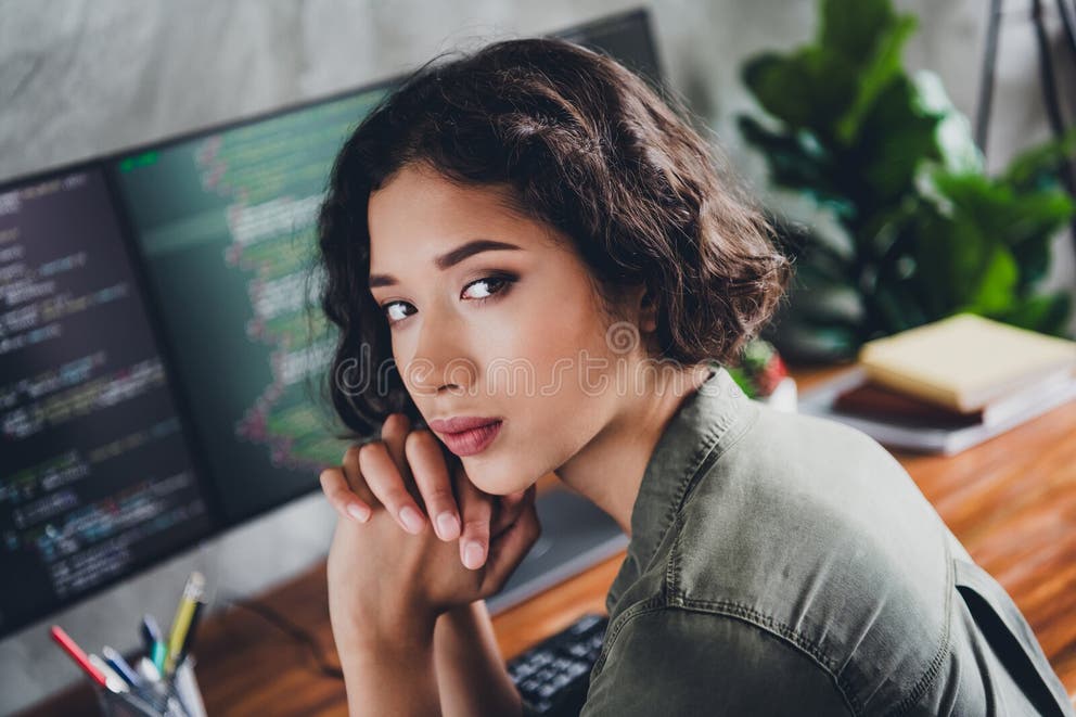 Professional Young Woman Coder with Curly Hair Working on Programming ...