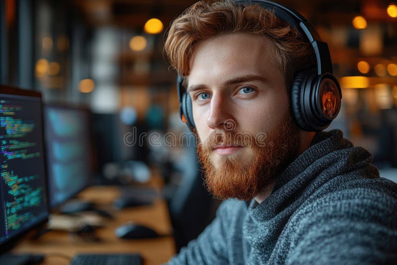 Focused Young Programmer with Headphones Coding at Office Desk: a Snaps ... Focused Young Programmer with Headphones Coding at Office Desk: a Snaps ...