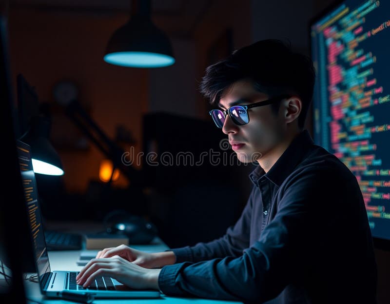 Focused Young Programmer Working Late at His Computer Stock ... Focused Young Programmer Working Late at His Computer Stock ...