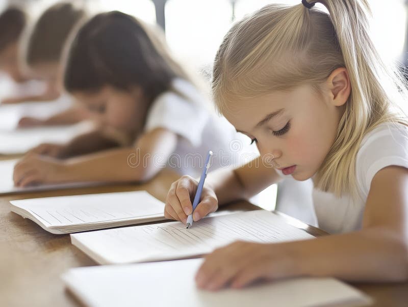 Schoolgirl Writing during Class at Elementary School Stock Image ...