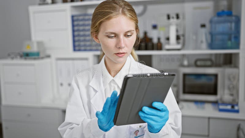 A Focused Young Woman in a Lab Coat and Gloves Using a Tablet in a ...