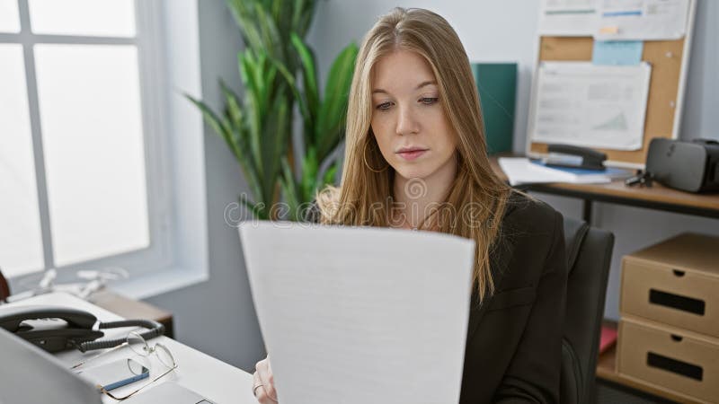 Focused Young Woman Reading a Document at Her Tidy Office Workspace, Denoting Professionalism ...