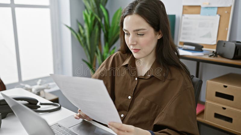 Focused Young Woman Reviewing a Document in a Modern Office Setting ...