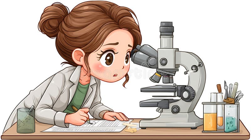 Focused Young Woman Scientist Using Microscope in a Cartoon ...