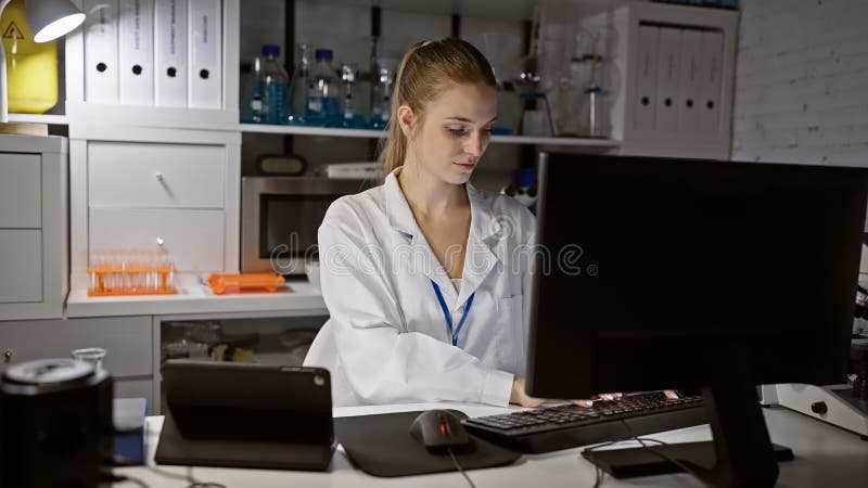 Focused Young Woman Scientist Working on Computer in Modern Laboratory ...
