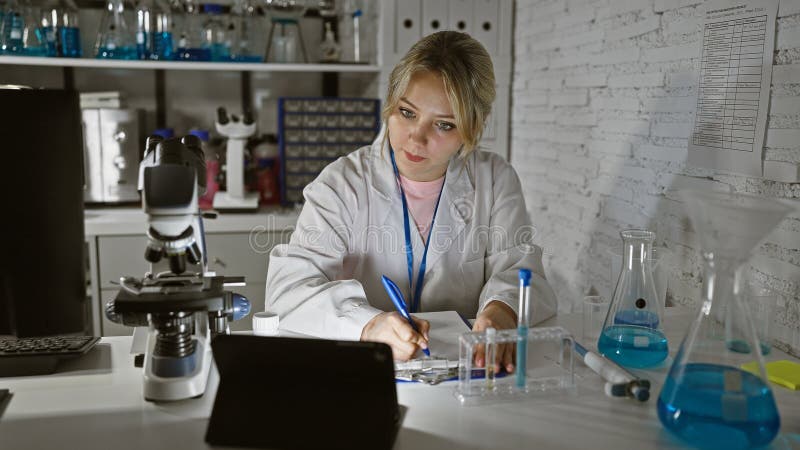 A Focused Young Woman Scientist Writing Notes in a Modern Laboratory ...
