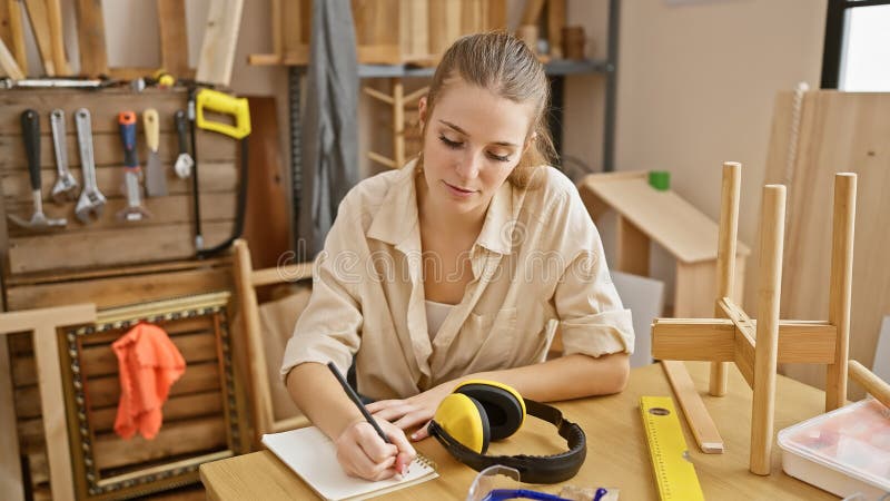 A Focused Young Woman Sketches in Her Woodworking Studio, Surrounded by ...