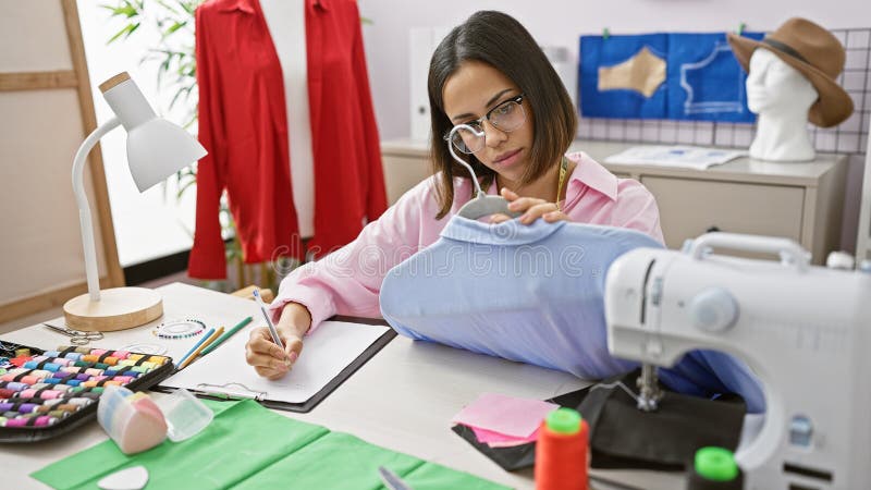 A Focused Young Woman Tailoring in a Bright Workshop with a Sewing ...