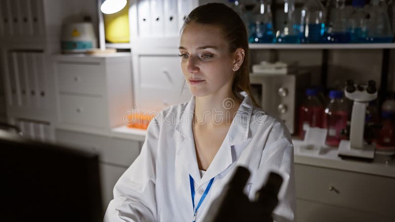 Focused Young Woman in White Lab Coat Working in a Science Laboratory ...