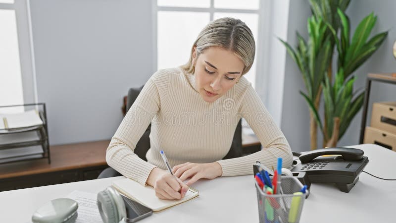 A Focused Young Woman Writing in a Notebook at Her Desk in a Modern ...