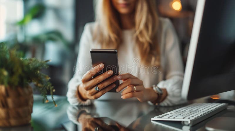 Professional Woman Multitasking with Smartphone and Computer Stock ...