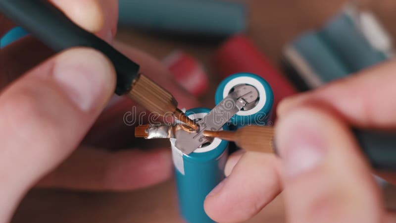 Detailed Spot Welding of Battery Connectors with Handheld Device Stock ...