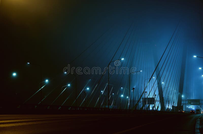 Fog on the bridge at night stock photo. Image of nature - 62800056