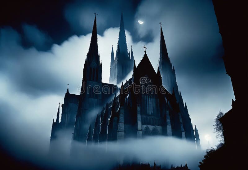 Fog and Clouds Over Fantasy Cathedral at Night Stock Illustration ...