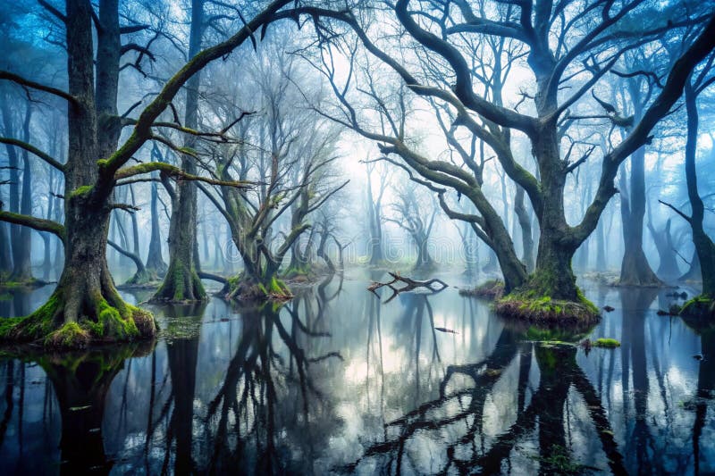 A Fog-covered Swamp with Eerie Trees, Their Branches Tangled and Dark ...
