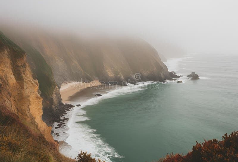 Fog Covers Cliffs Along the Coastline, Creating a Mysterious Atmosphere ...
