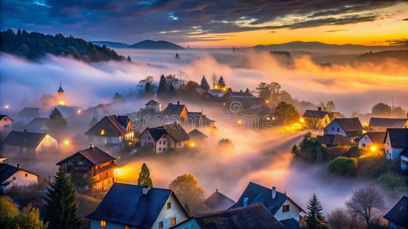 Fog Creeping Over the Rooftops of a Quiet Village As Night Falls Stock ...