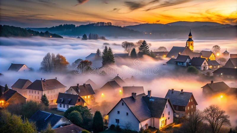Fog Creeping Over the Rooftops of a Quiet Village As Night Falls Stock ...