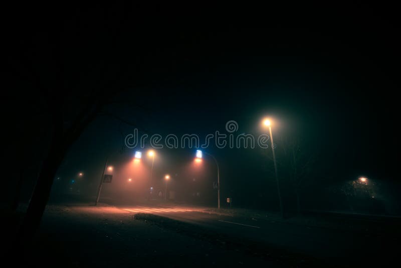 Fog at the Crossroads in the Night City Stock Photo - Image of town ...