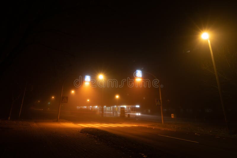 Fog at the Crossroads in the Night City Stock Photo - Image of dark ...