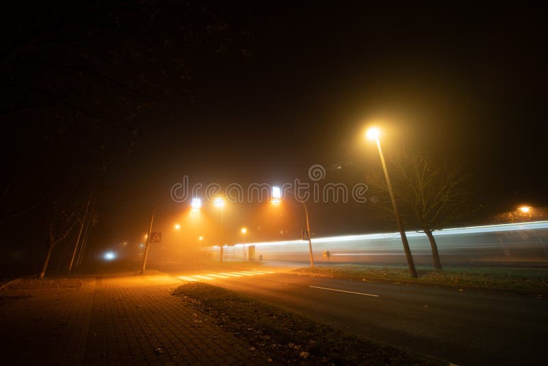 Fog at the Crossroads in the Night City Stock Image - Image of ...