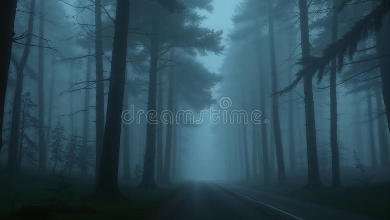 Fog Entering Conifer Forest Along Empty Paved Road Stock Illustration ...