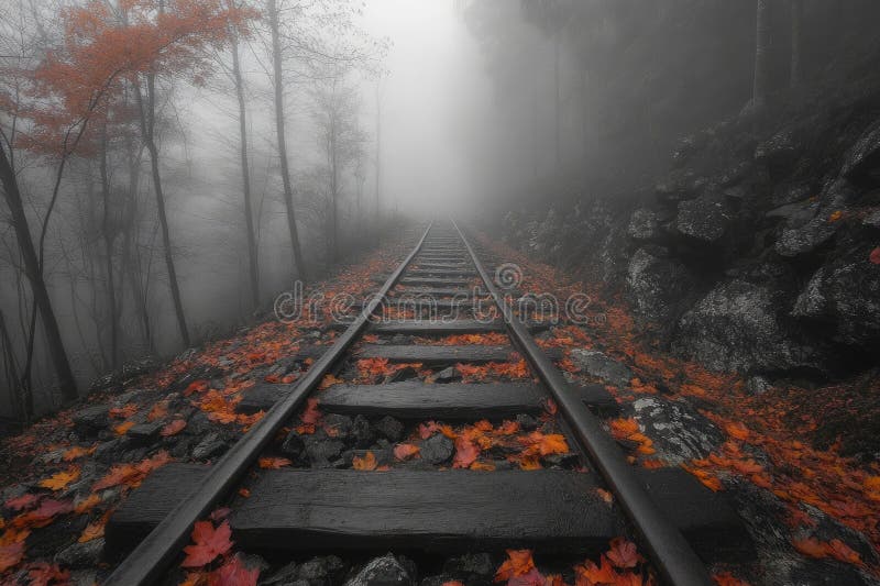 Fog Entering the Train Tracks in the Forest during Autumn Stock ...