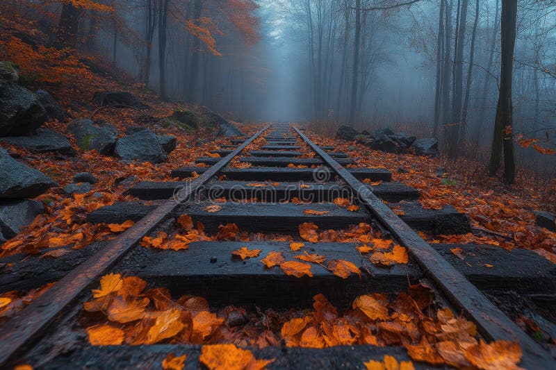 Fog Entering the Train Tracks in the Forest during Autumn Stock Image ...