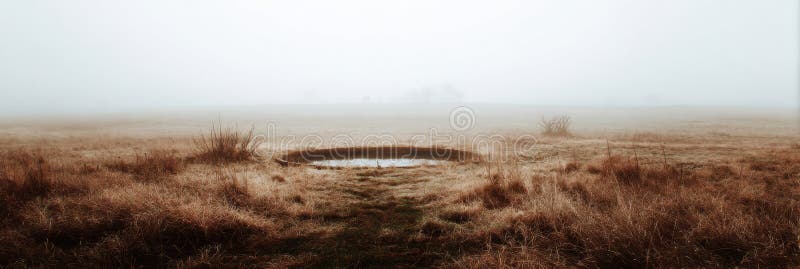 Fog Envelops a Desolate Landscape Featuring a Circular Pool and Vast ...
