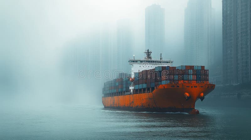 Fog Envelops a Large Cargo Ship Navigating through the Harbor with ...