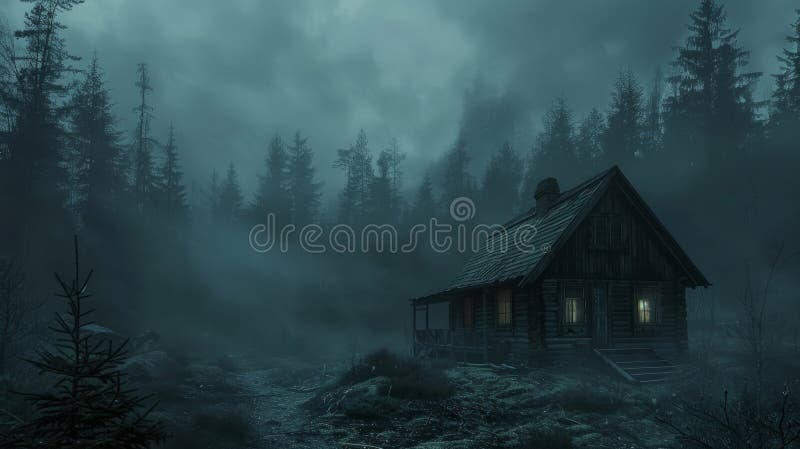 Fog Envelops a Rustic Cabin in a Dense Forest during Twilight Hours ...