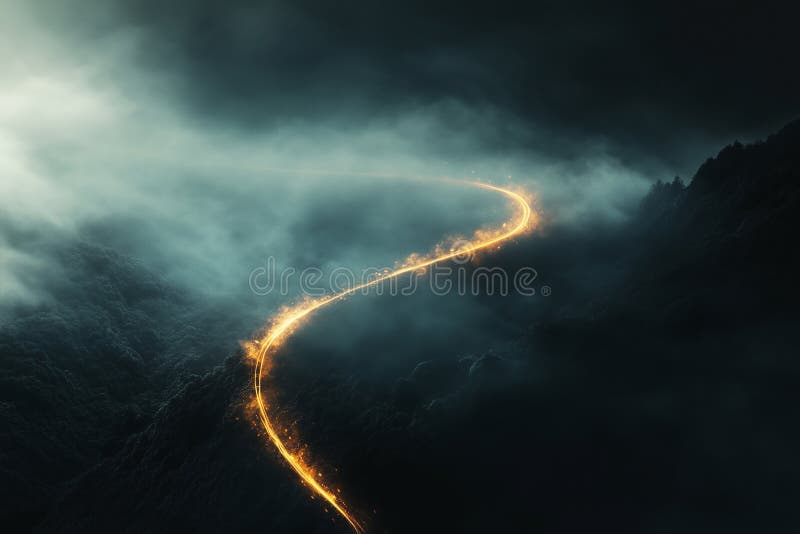 Fog Envelops a Winding Path Illuminated by Glowing Light Flares in a ...