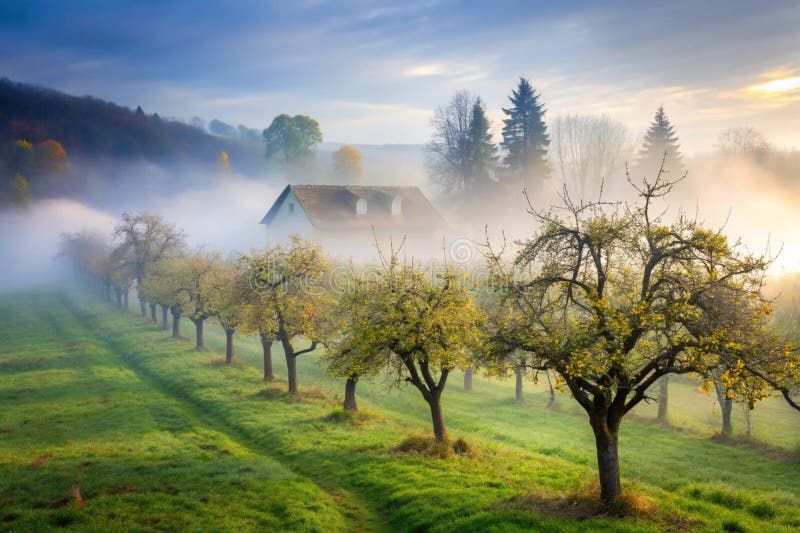 A Fog-filled Orchard on the Edge of a Village, with Apple Trees ...